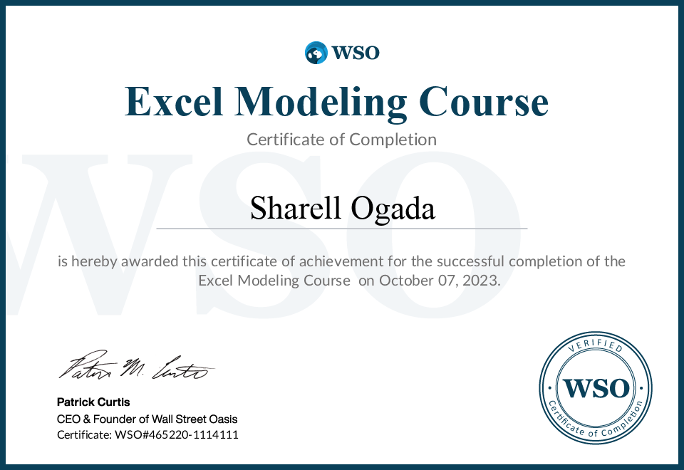 Certificate of Completion - Excel Modeling Course - Sharell Ogada