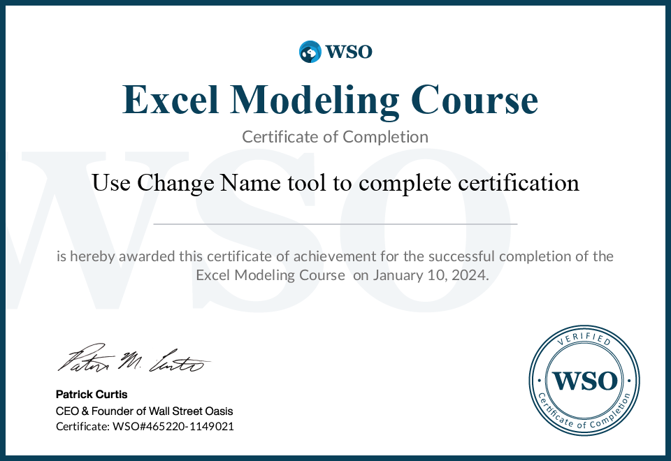 Certificate of Completion - Excel Modeling Course - Use Change Name ...