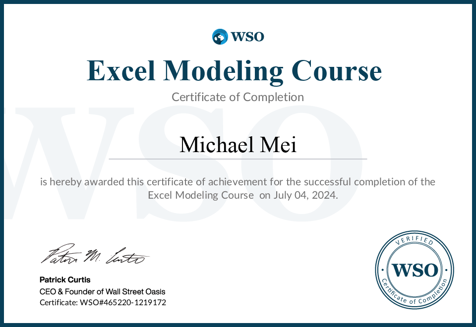 Certificate of Completion - Excel Modeling Course - Michael Mei