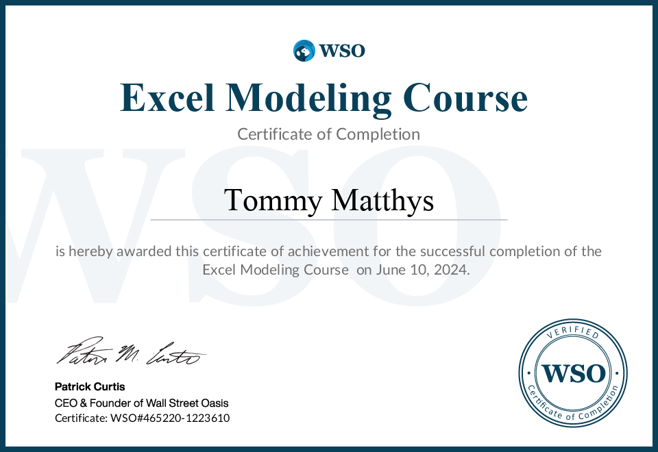 Certificate of Completion - Excel Modeling Course - Tommy Matthys