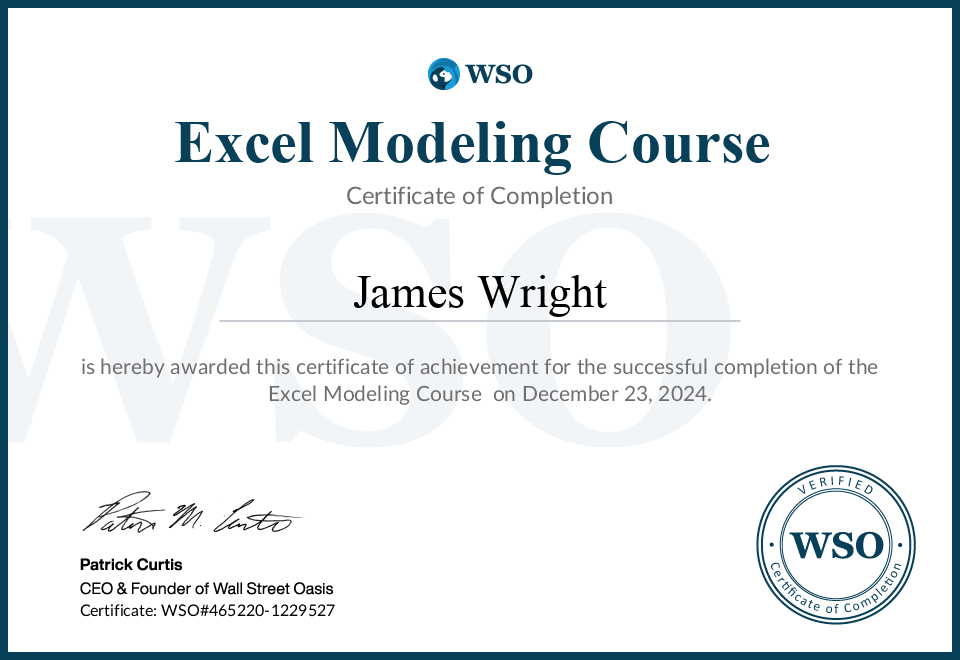 Certificate of Completion - Excel Modeling Course - James Wright