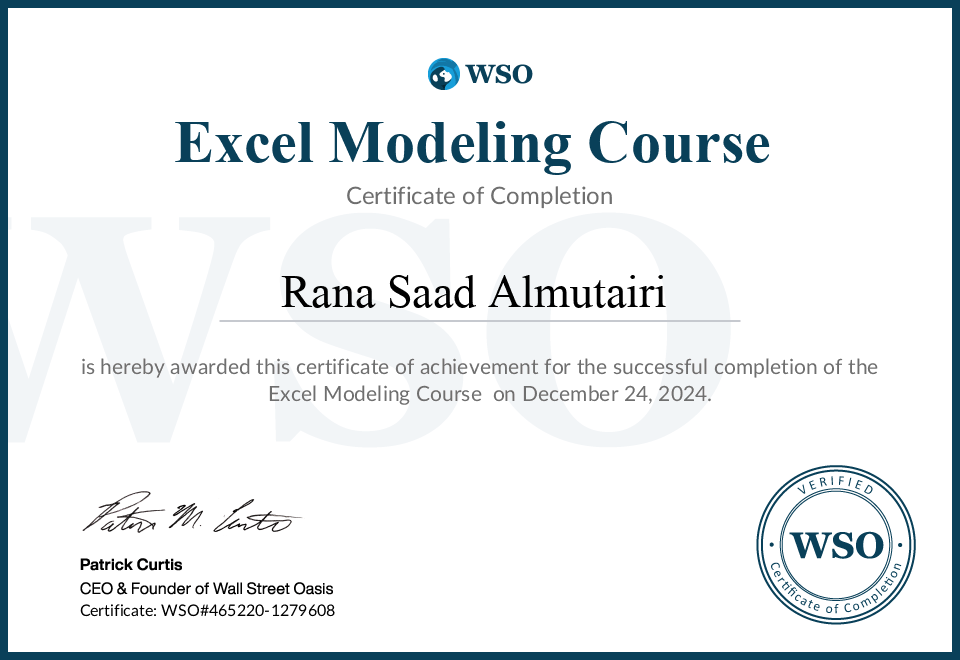 Certificate of Completion - Excel Modeling Course - Rana Saad Almutairi