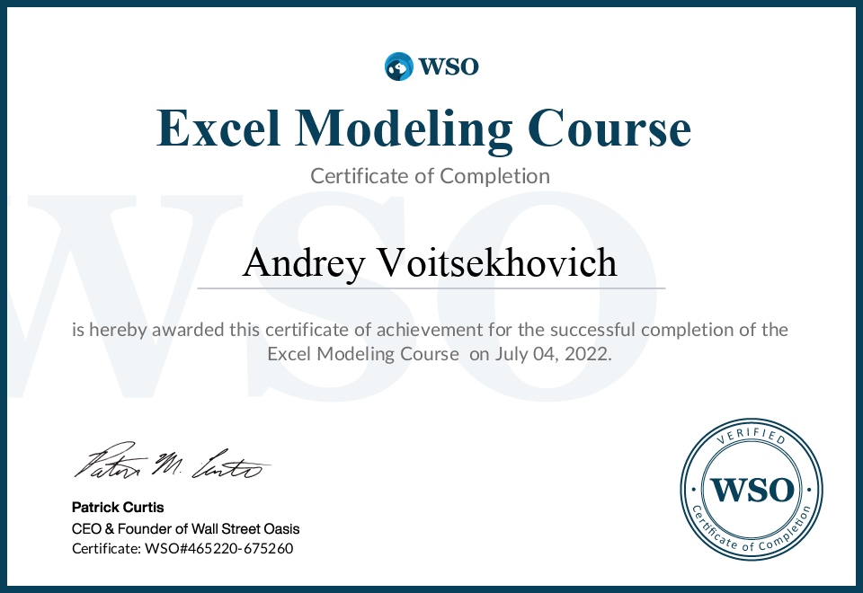 Certificate of Completion - Excel Modeling Course - Andrey Voitsekhovich