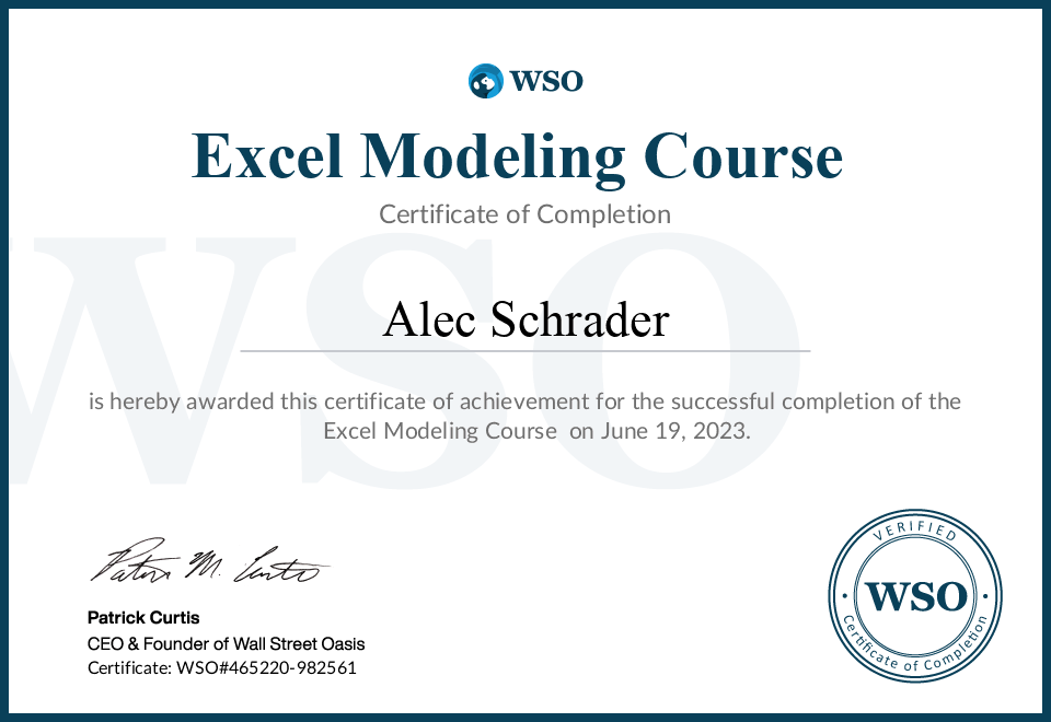 Certificate of Completion - Excel Modeling Course - Alec Schrader