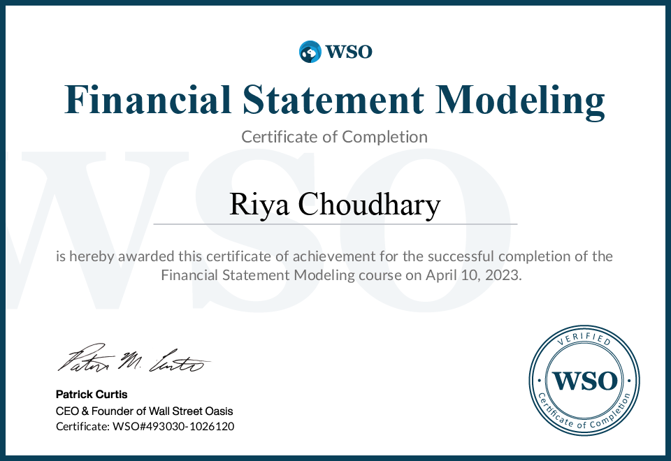 Certificate of Completion - Financial Statement Modeling - Riya Choudhary