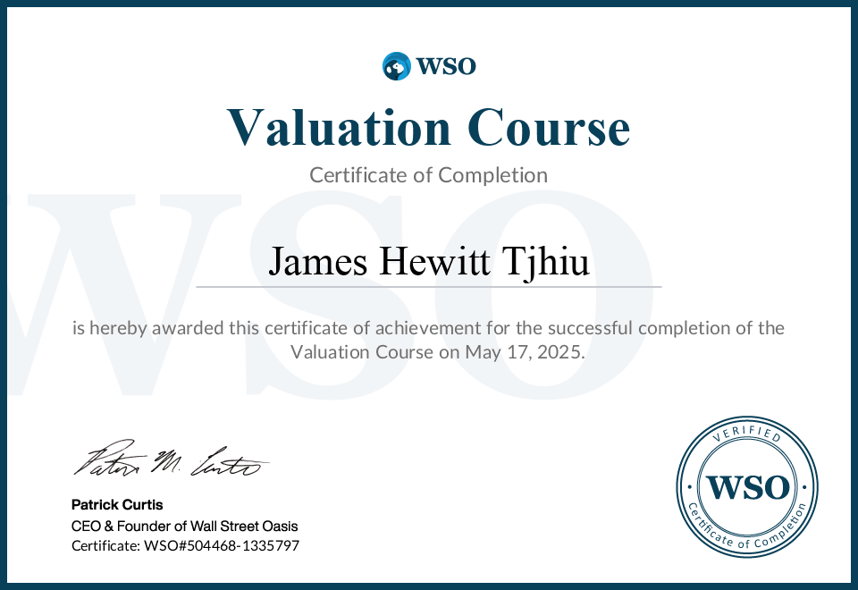 Certificate of Completion - Valuation Course - James Hewitt Tjhiu