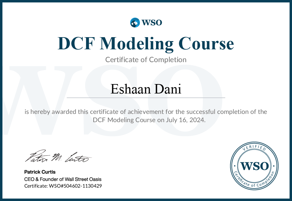 Certificate of Completion - DCF Modeling Course - Eshaan Dani