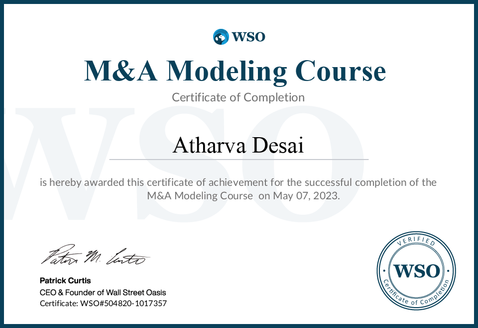 Certificate of Completion - M&A Modeling Course - Atharva Desai