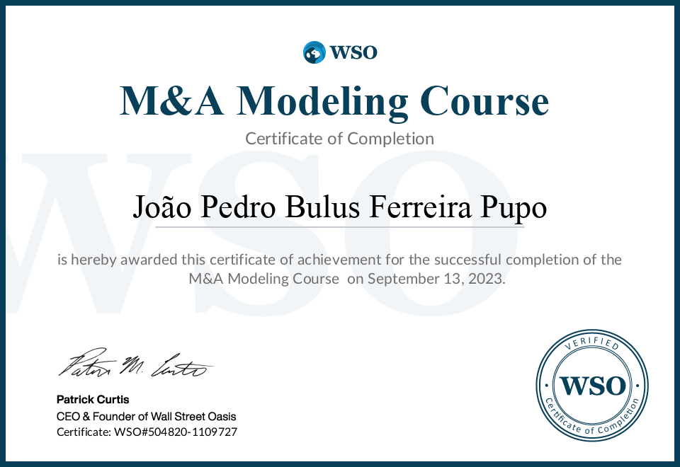 Certificate of Completion - M&A Modeling Course - João Pedro Bulus ...