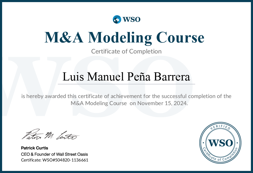 Certificate of Completion - M&A Modeling Course - Luis Manuel Peña Barrera