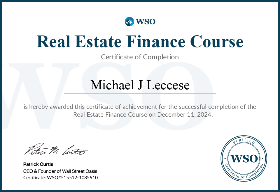 Certificate of Completion - Real Estate Finance Course - Michael J Leccese