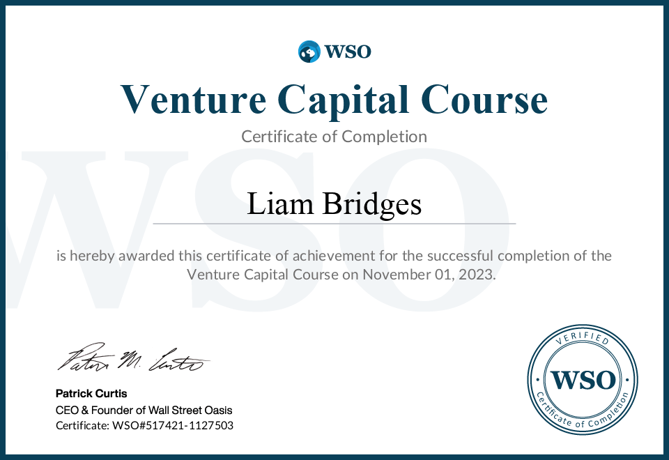 Certificate of Completion - Venture Capital Course - Liam Bridges
