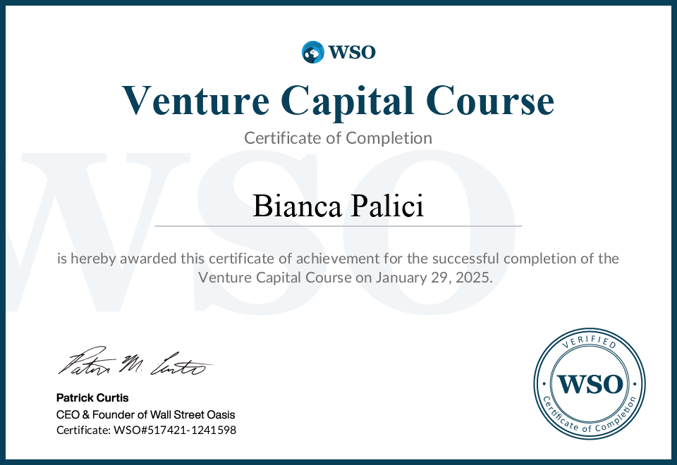 Certificate of Completion - Venture Capital Course - Bianca Palici