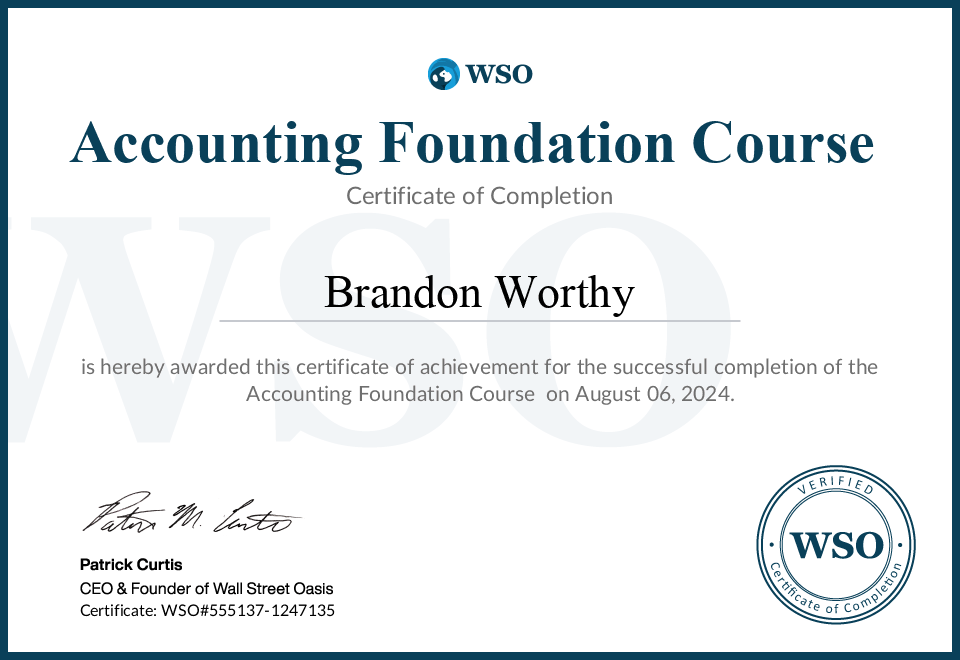 Certificate of Completion - Accounting Foundation Course - Brandon Worthy