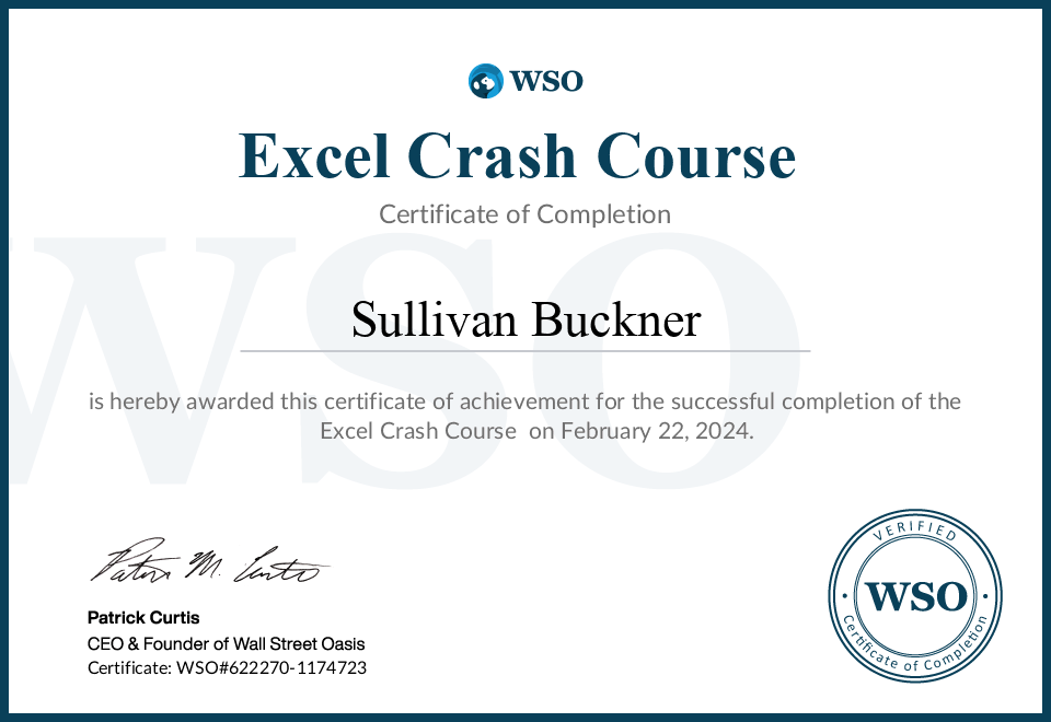 Certificate of Completion - Excel Crash Course - Sullivan Buckner