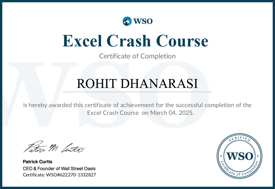 Certificate of Completion - Excel Crash Course - ROHIT DHANARASI