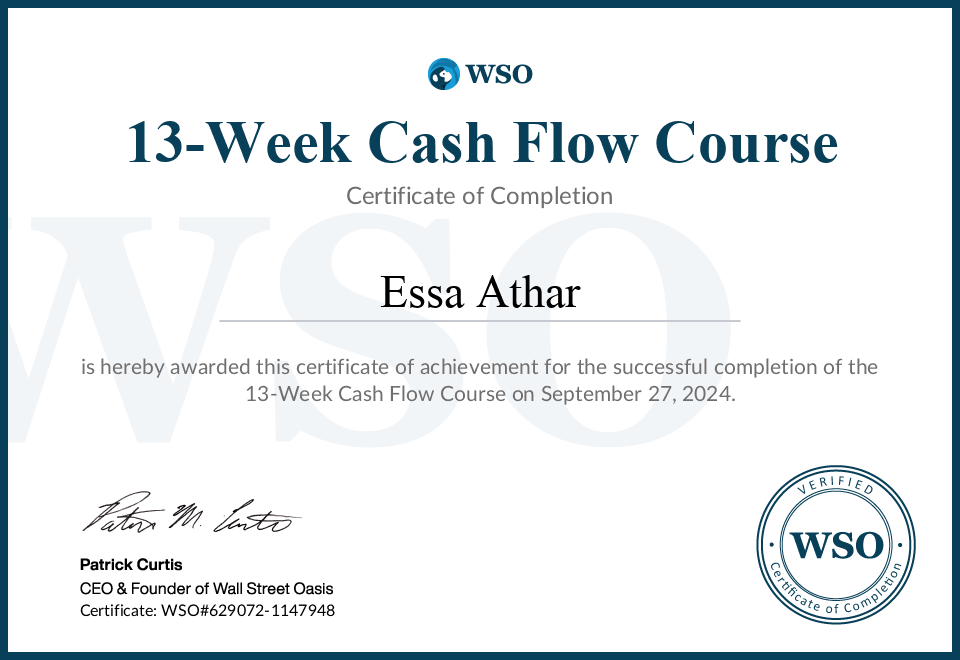 Certificate of Completion - 13-Week Cash Flow Course - Essa Athar