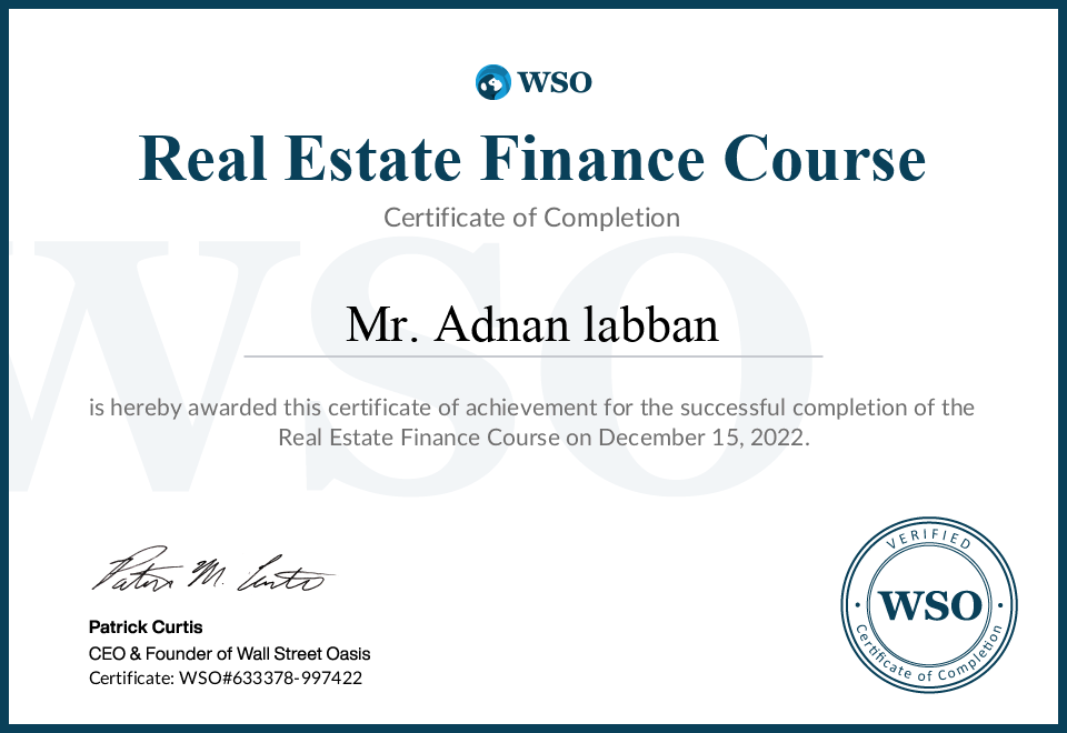 Certificate of Completion - Real Estate Finance Course - Mr. Adnan labban