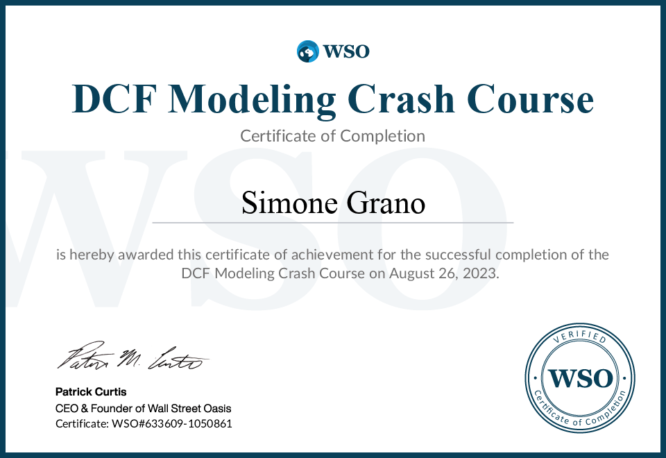 Certificate of Completion - DCF Modeling Crash Course - Simone Grano