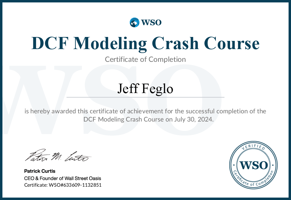 Certificate of Completion - DCF Modeling Crash Course - Jeff Feglo
