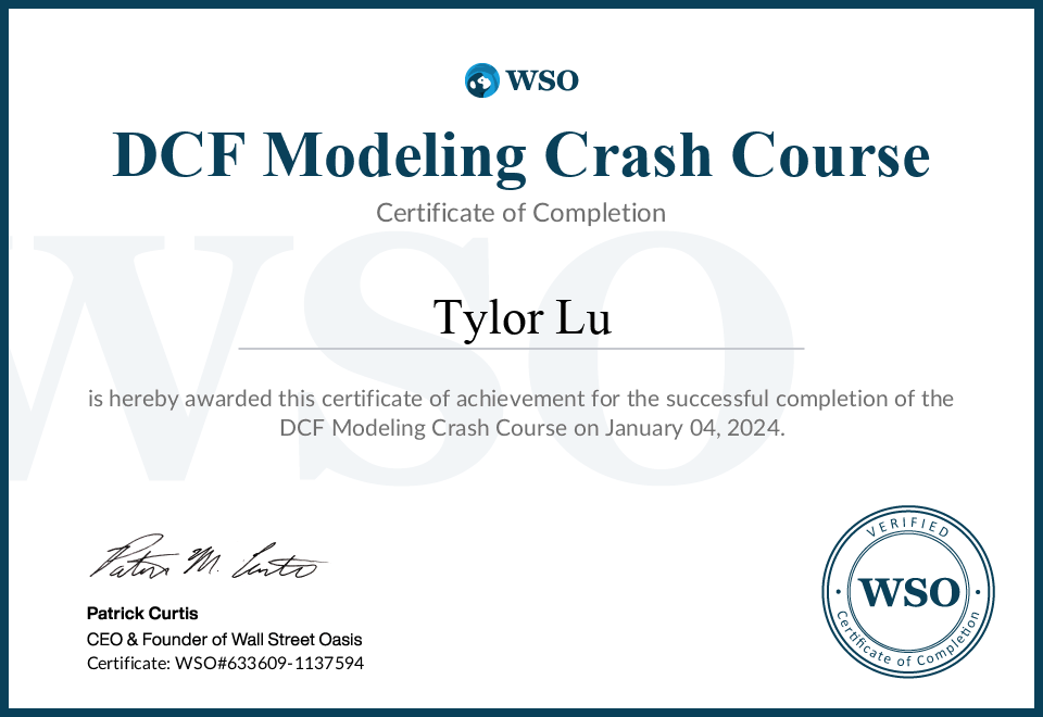 Certificate of Completion - DCF Modeling Crash Course - Tylor Lu