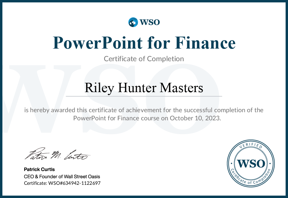 Certificate of Completion - PowerPoint for Finance - Riley Hunter Masters