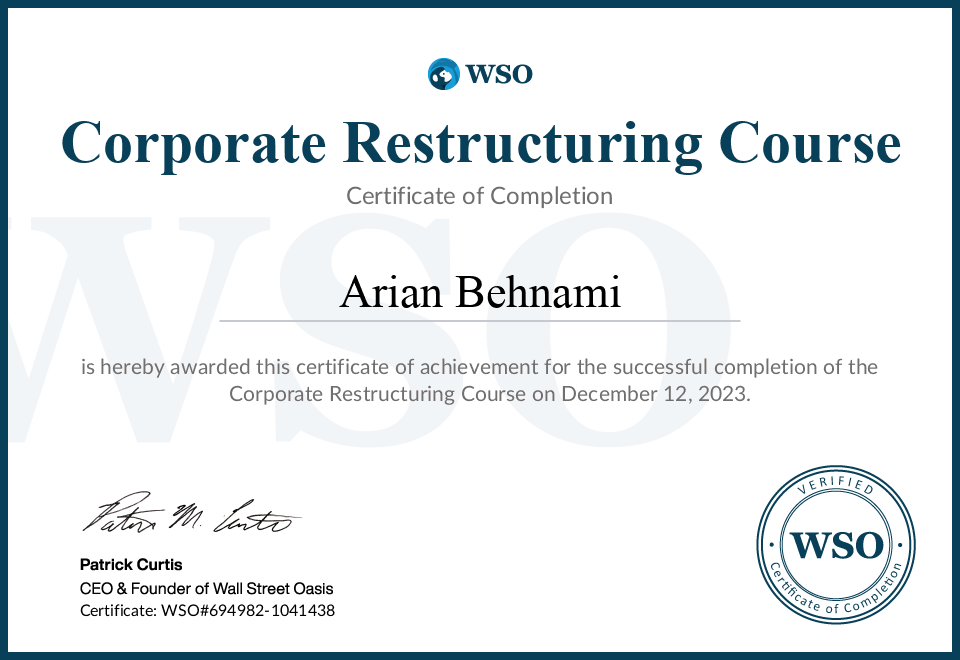 Certificate of Completion - Corporate Restructuring Course - Arian Behnami