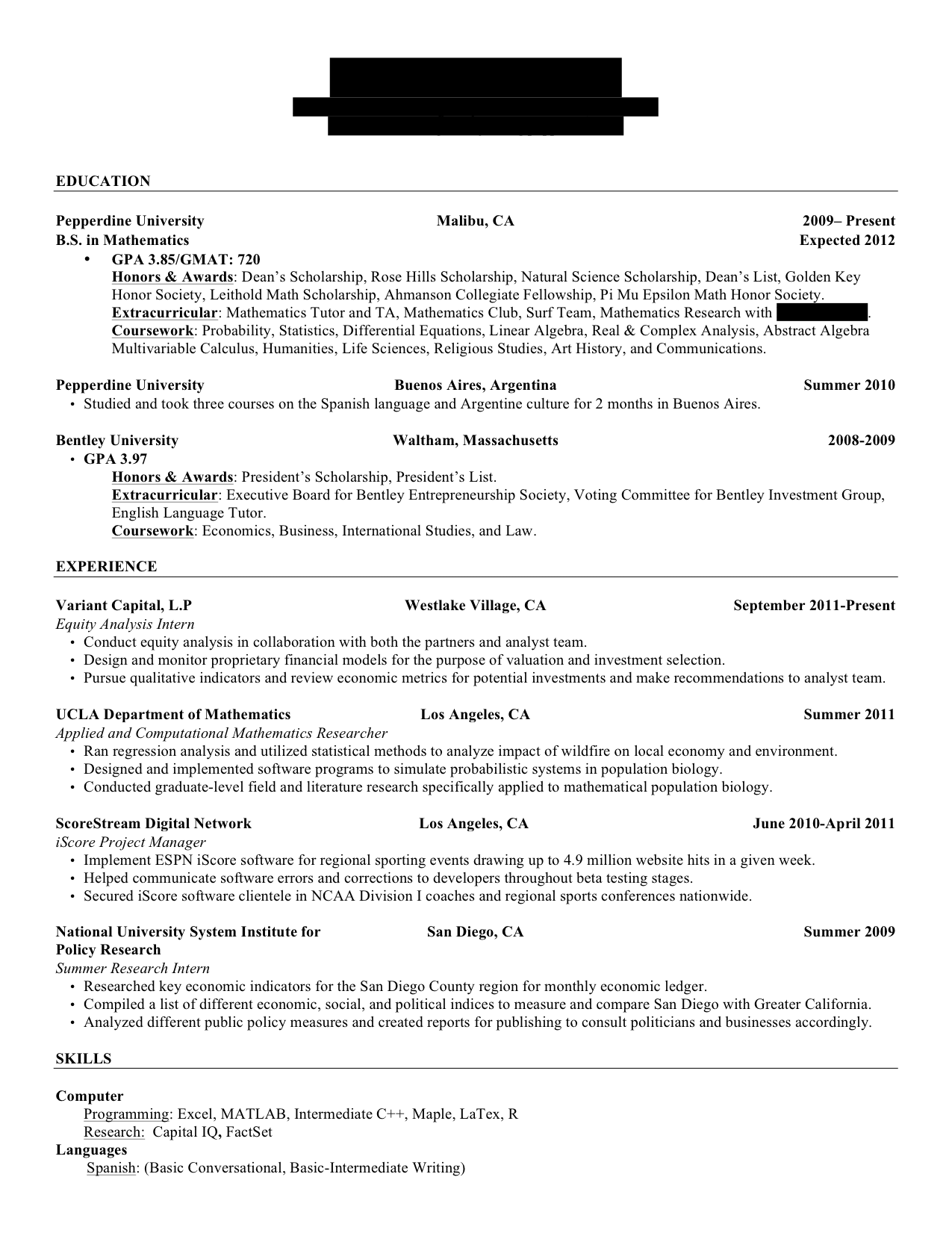Resume Review: ER Internships | Wall Street Oasis