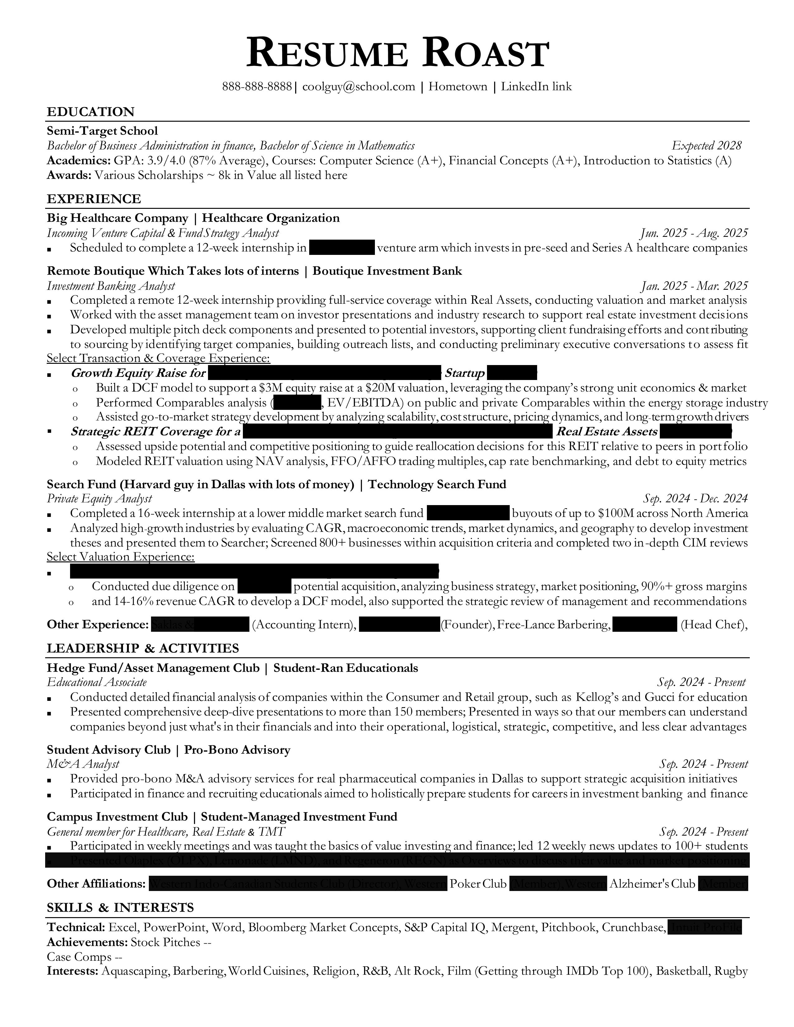 Resume Roast - Freshman Semi-Target | Wall Street Oasis