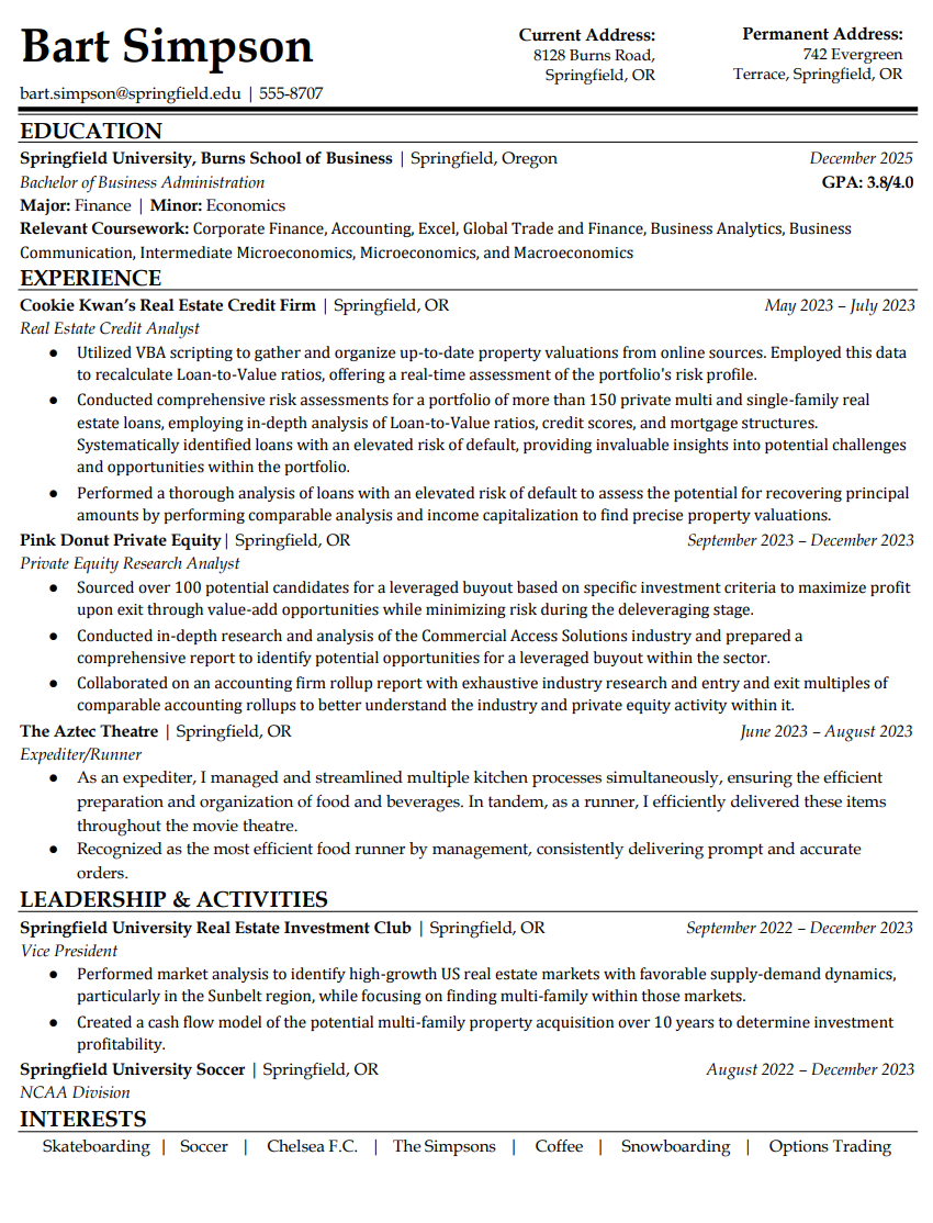 CRITIQUE BART SIMPSON'S RESUME | Wall Street Oasis